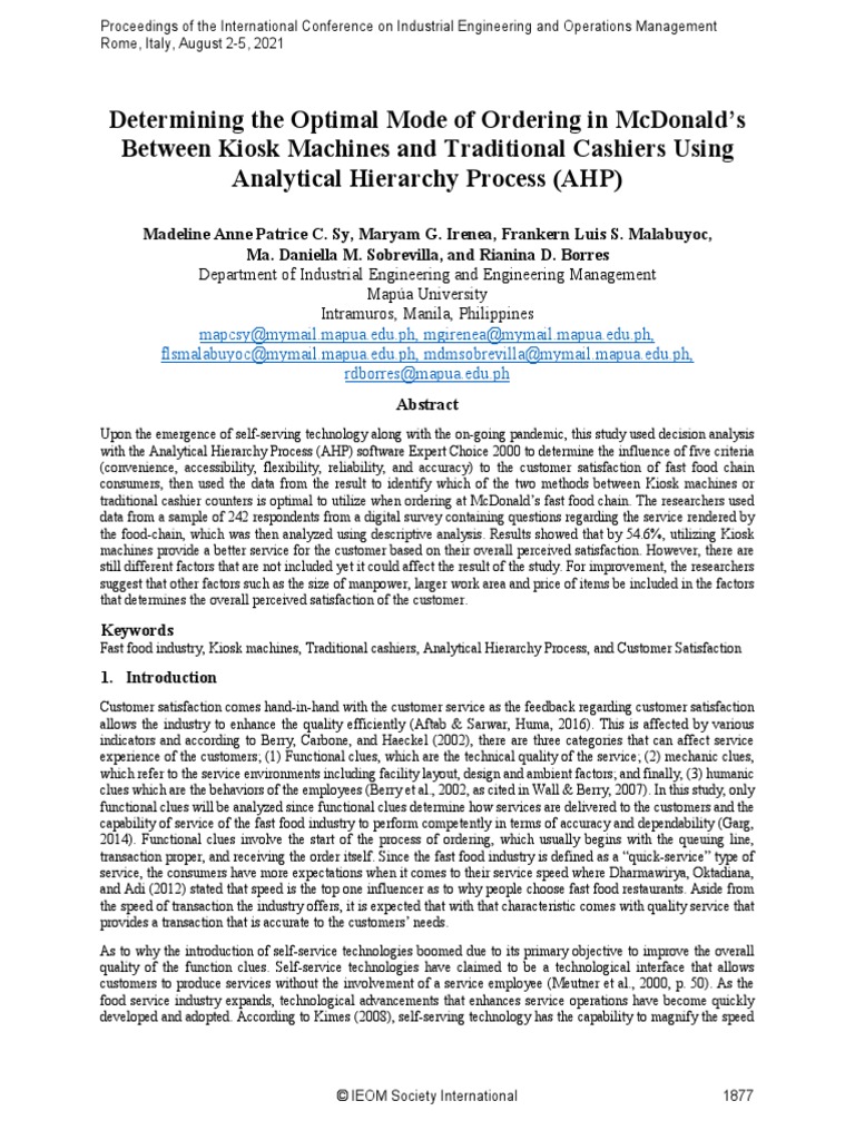 Determining The Optimal Mode of Ordering in Mcdonald'S Between Kiosk ...