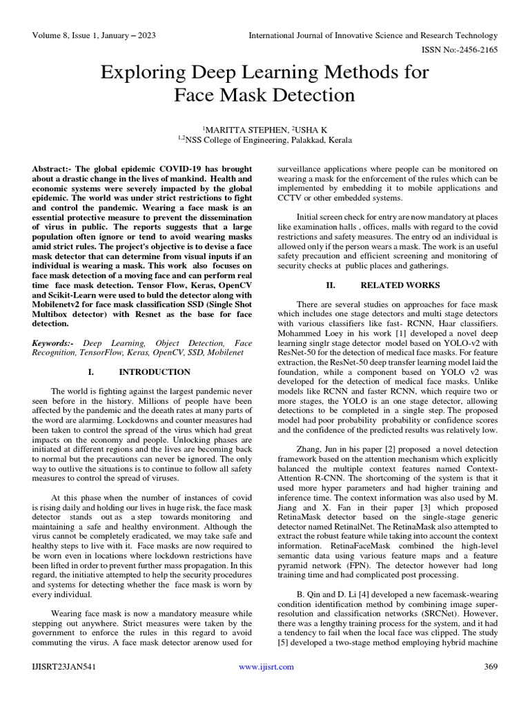 Exploring Deep Learning Methods For Face Mask Detection Pdf Accuracy And Precision Sensor