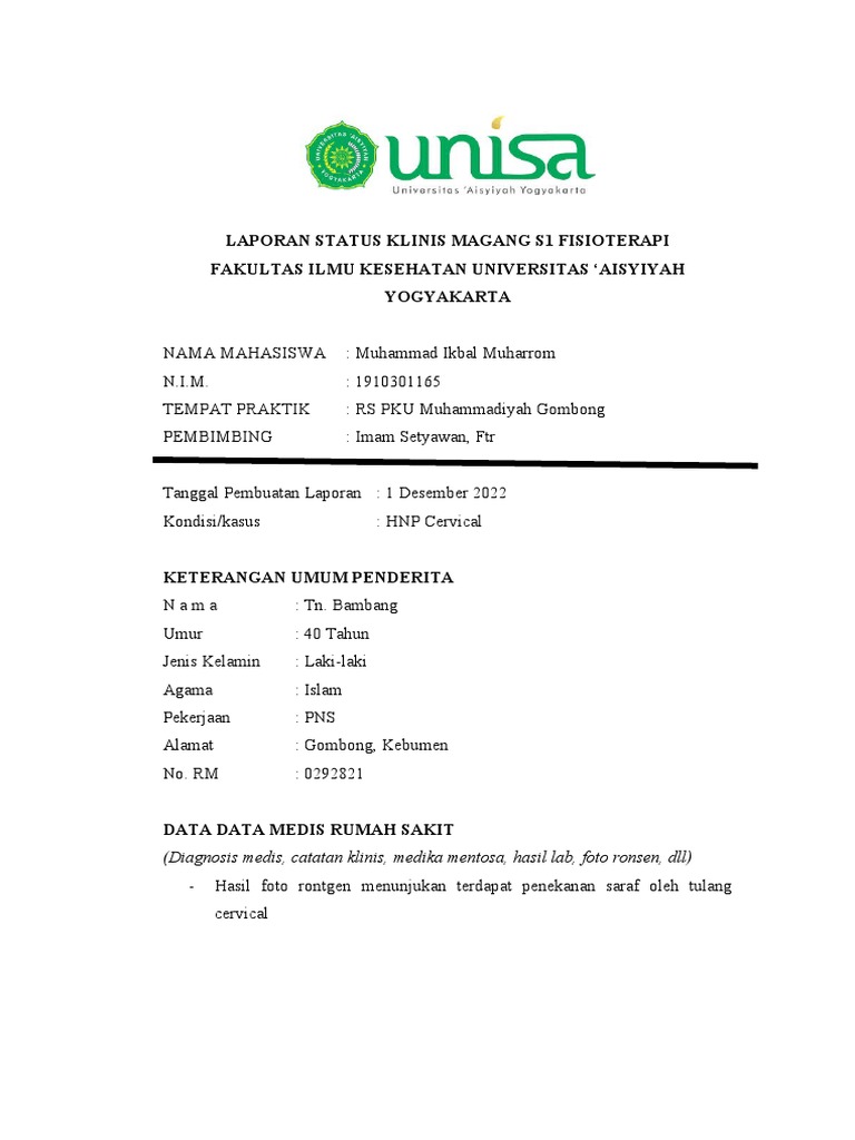 Laporan Magang Fisioterapi HNP Cervical | PDF