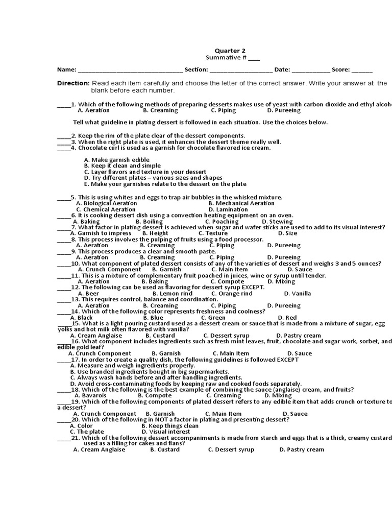 Cookery 12 Quarter 2 Summative Exam | PDF | Custard | Desserts