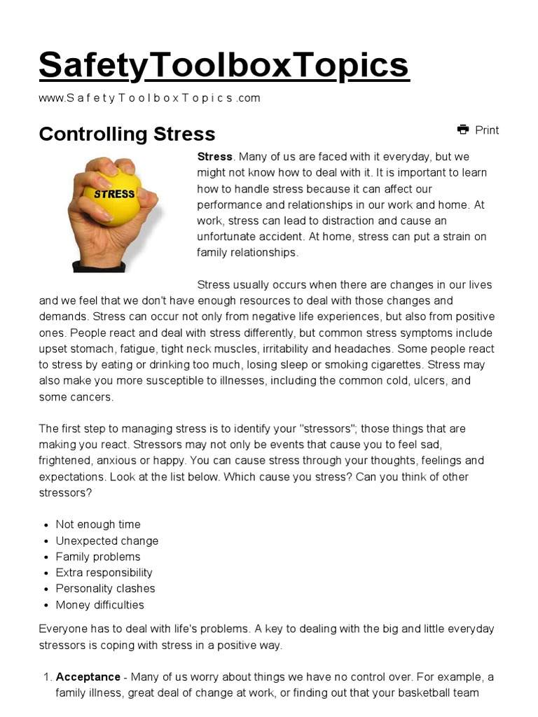 Controlling Stress - Safety Toolbox Talks Meeting Topics | PDF