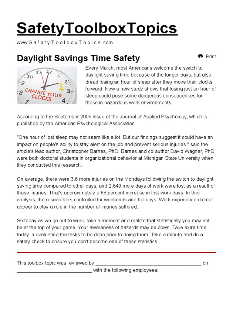 Daylight Savings Time Safety - Safety Toolbox Talks Meeting Topics | PDF