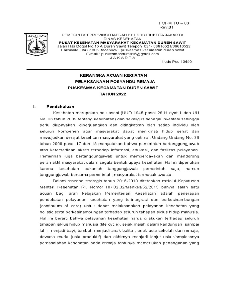 Kak Pelaksanaan Posyandu Remaja 2022 | PDF