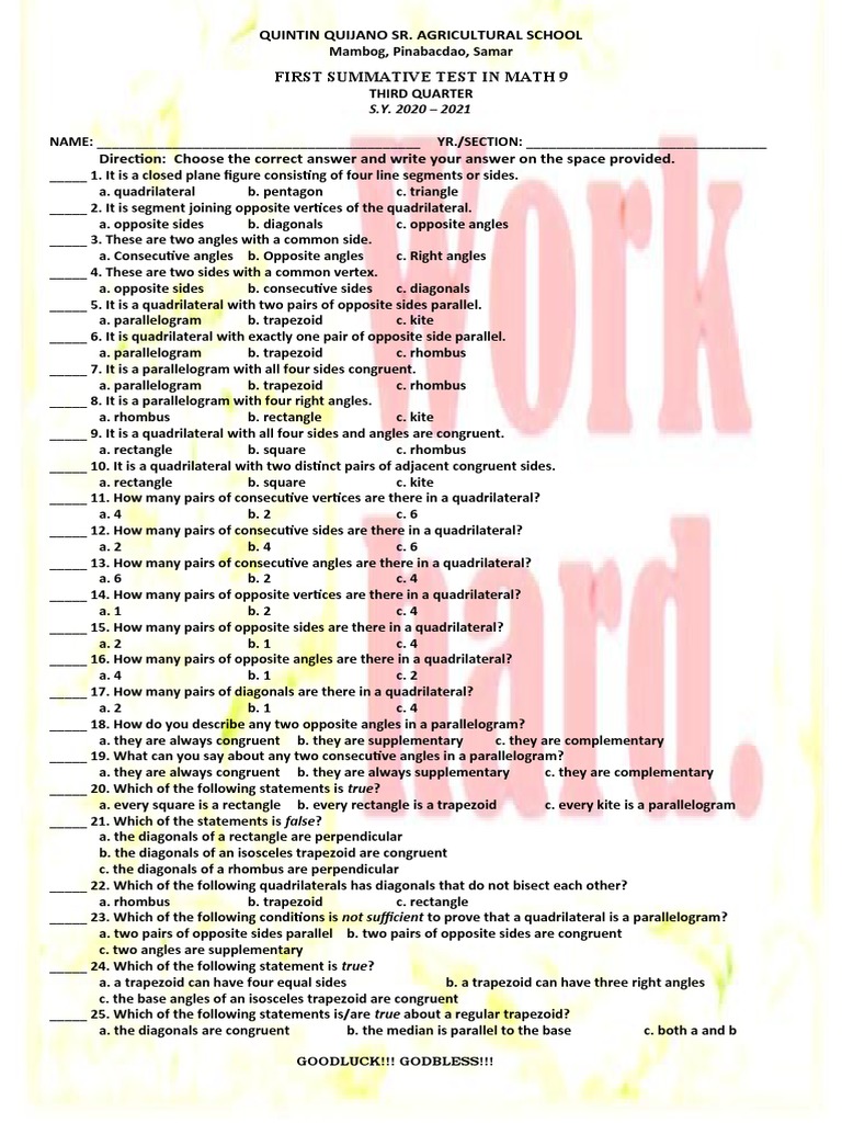 Third Quarter Summative Test in Math 9 | PDF | Rectangle | Geometric Shapes