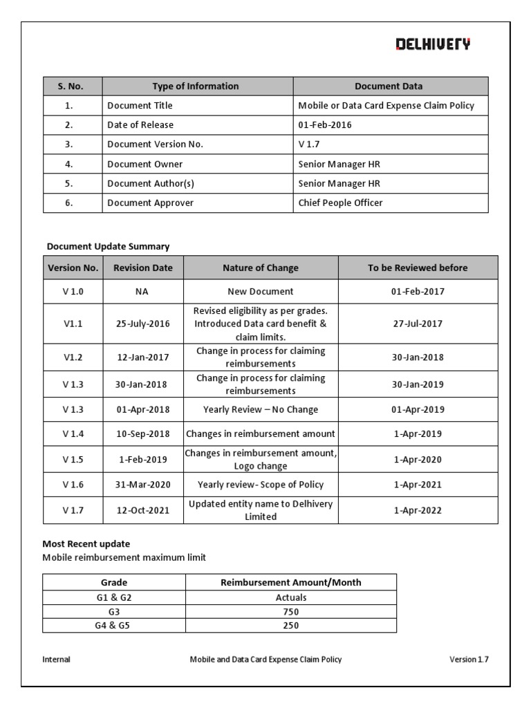 Mobile and Internet Reimbursement Policy - V.17 | PDF | Mobile Phones ...