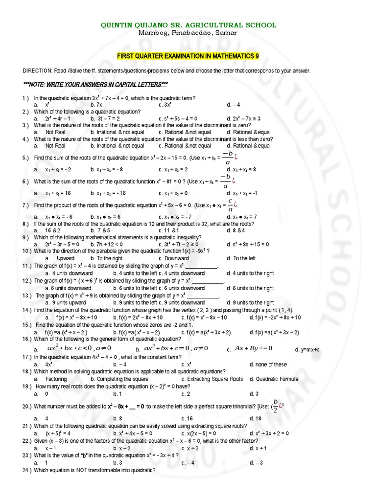 First Quarter Exam in Math 9 | PDF | Quadratic Equation | Elementary Mathematics
