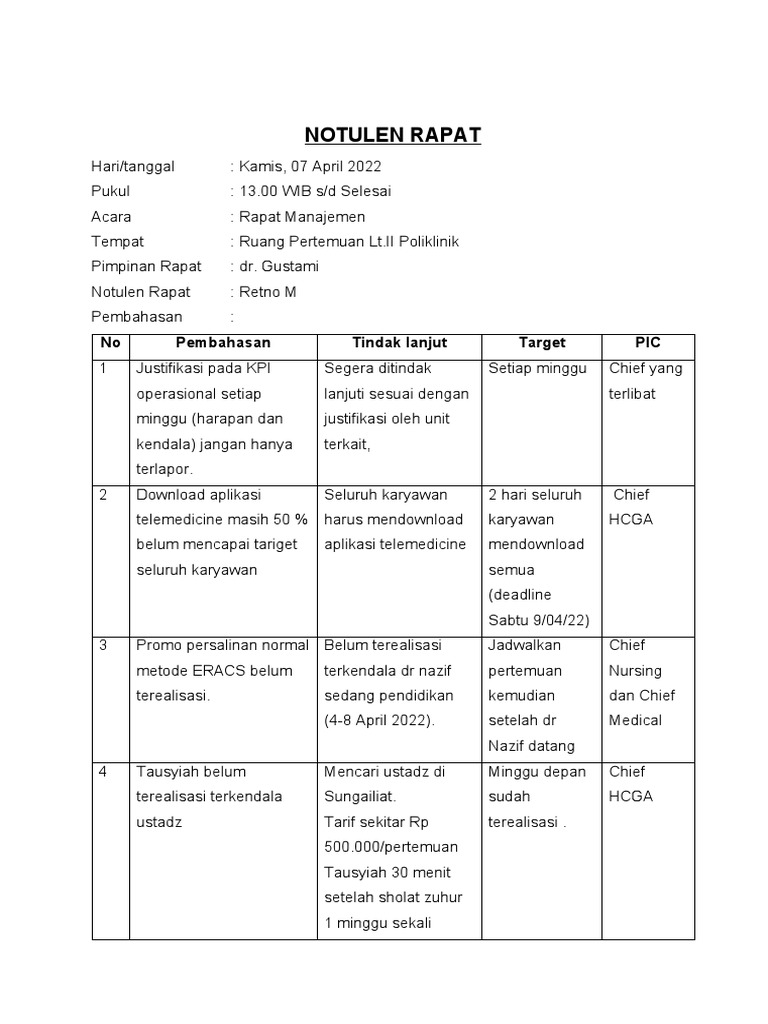 NOTULEN RAPAT Manajemen 07 April 2022 Fix | PDF