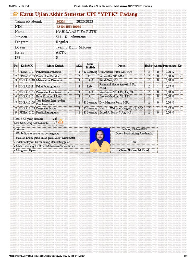 Print - Kartu Ujian Akhir Semester Mahasiswa UPI - YPTK - Padang | PDF