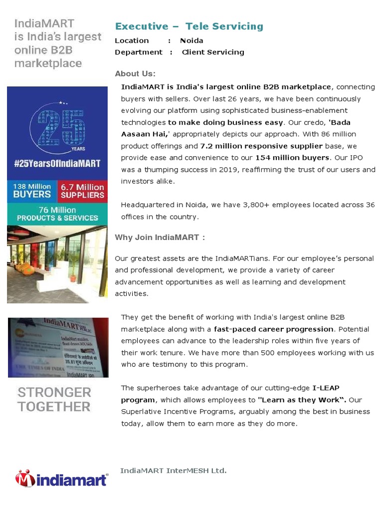Indiamart JD - Executive - Sales and Servicing BD CC Tele A - M - Campus | PDF | Economies ...