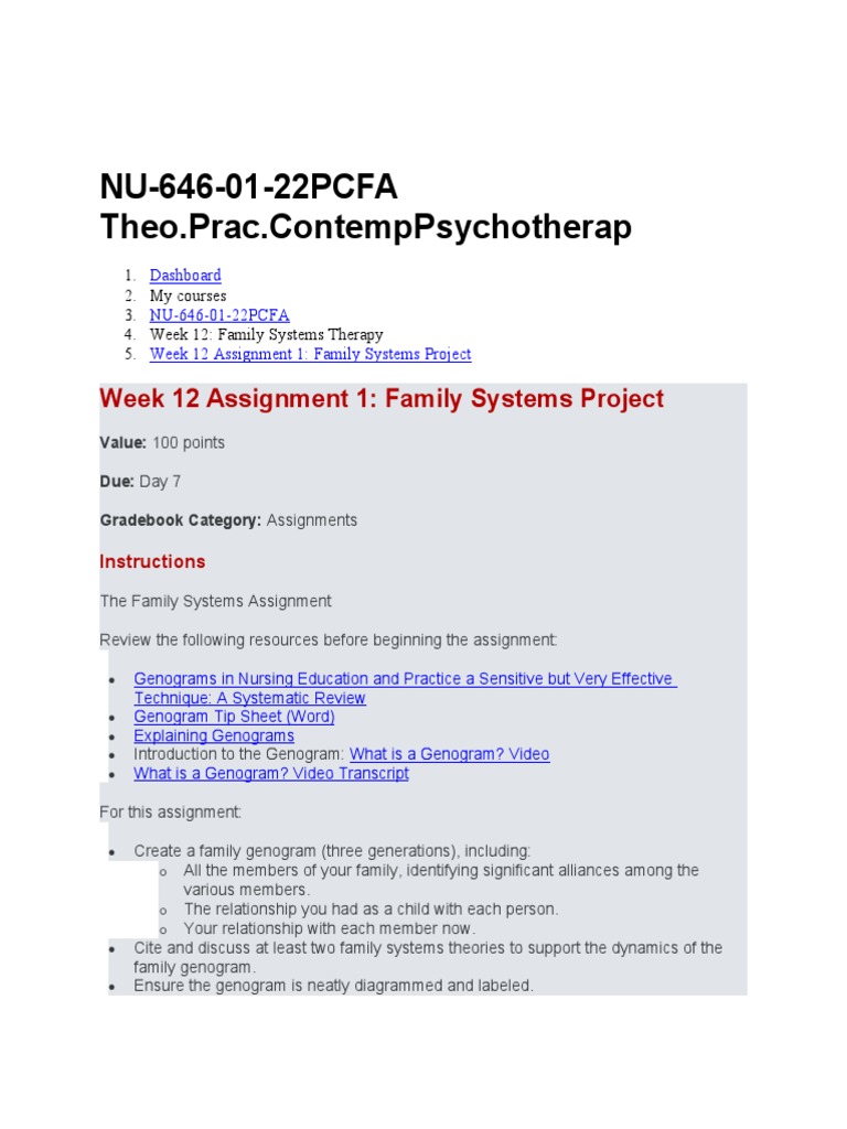 Nu-646-01-22Pcfa Theo - Prac.Contemppsychotherap: Week 12 Assignment 1: Family Systems Project ...