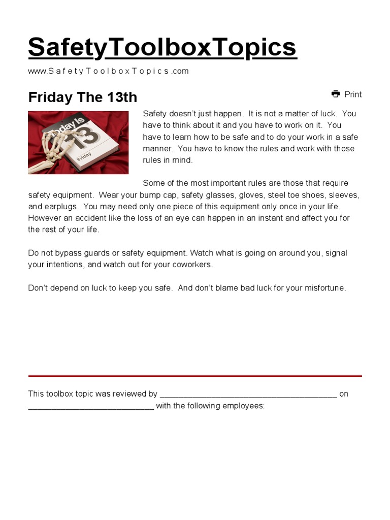 Friday The 13th - Safety Toolbox Talks Meeting Topics | PDF