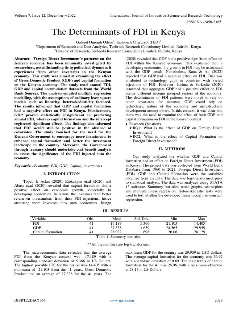 The Determinants of FDI in Kenya | PDF | Economic Growth | Regression ...