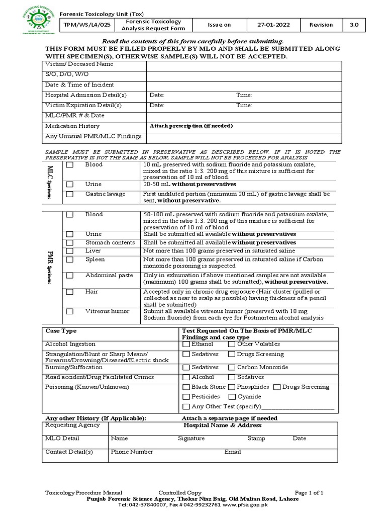 Toxicology Form 3.0 | PDF | Blood | Toxicology