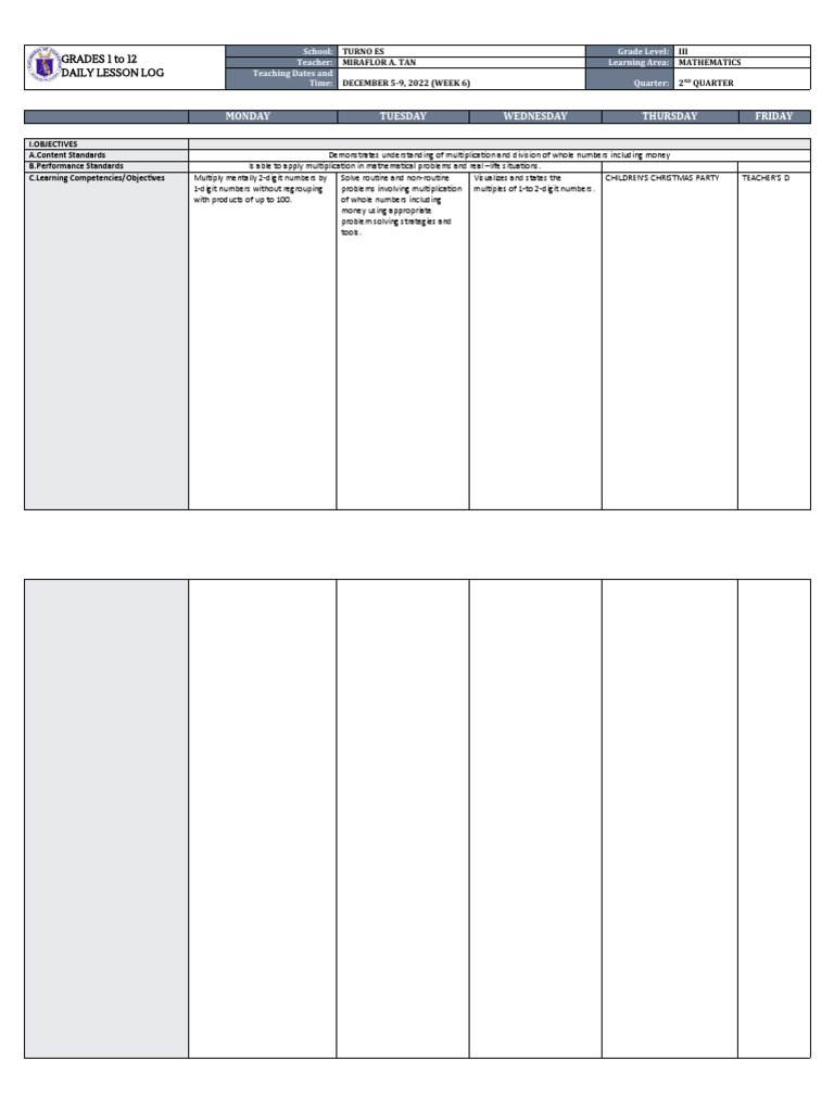 DLL Mathematics 3 q2 w6 | PDF | Learning | Cognition