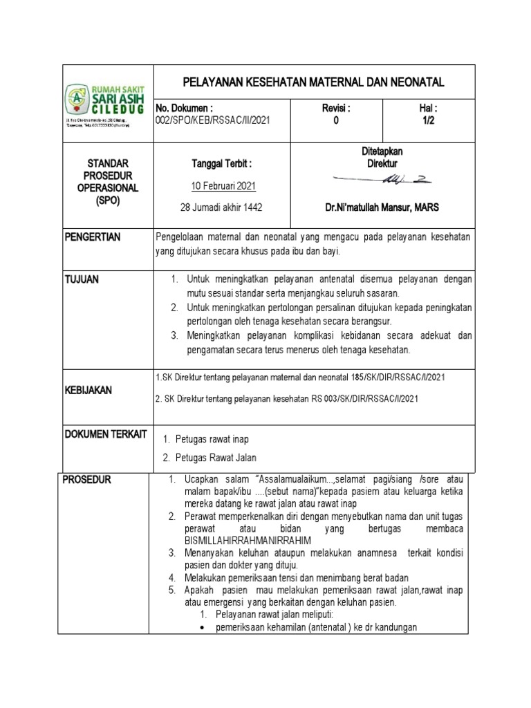Spo Pelayanan Kesehatan Maternal Dan Neonatal | PDF