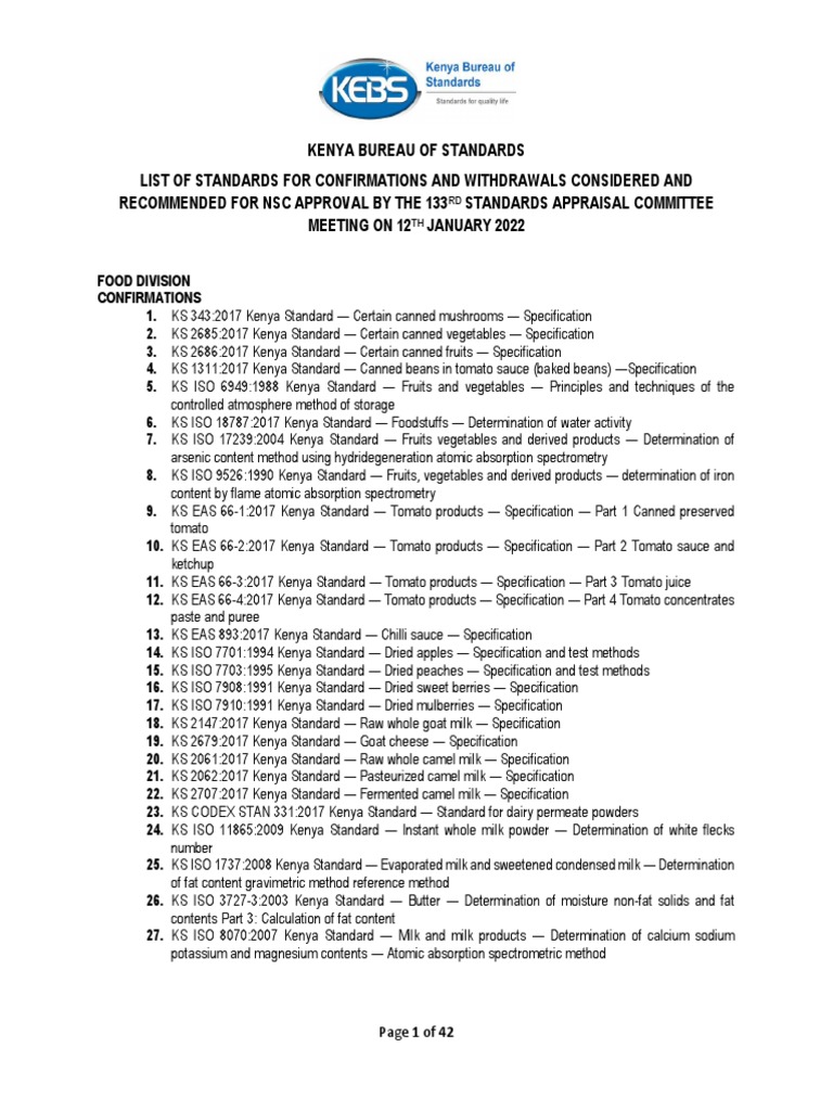 KEBS Standards for NSC Approval 2022 | PDF | Leather | Vitamin