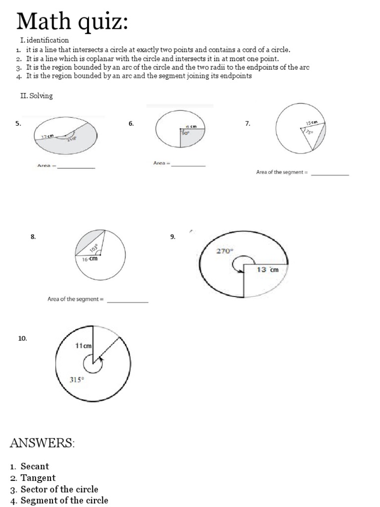 Geometry Quiz on Circle Concepts Including Secants, Tangents, Sectors ...