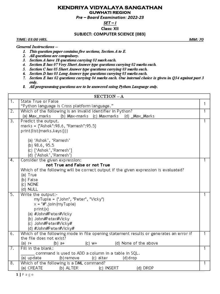 Computer Science Pre-Board I (2022-23) | PDF | Data Management Software | Software Development
