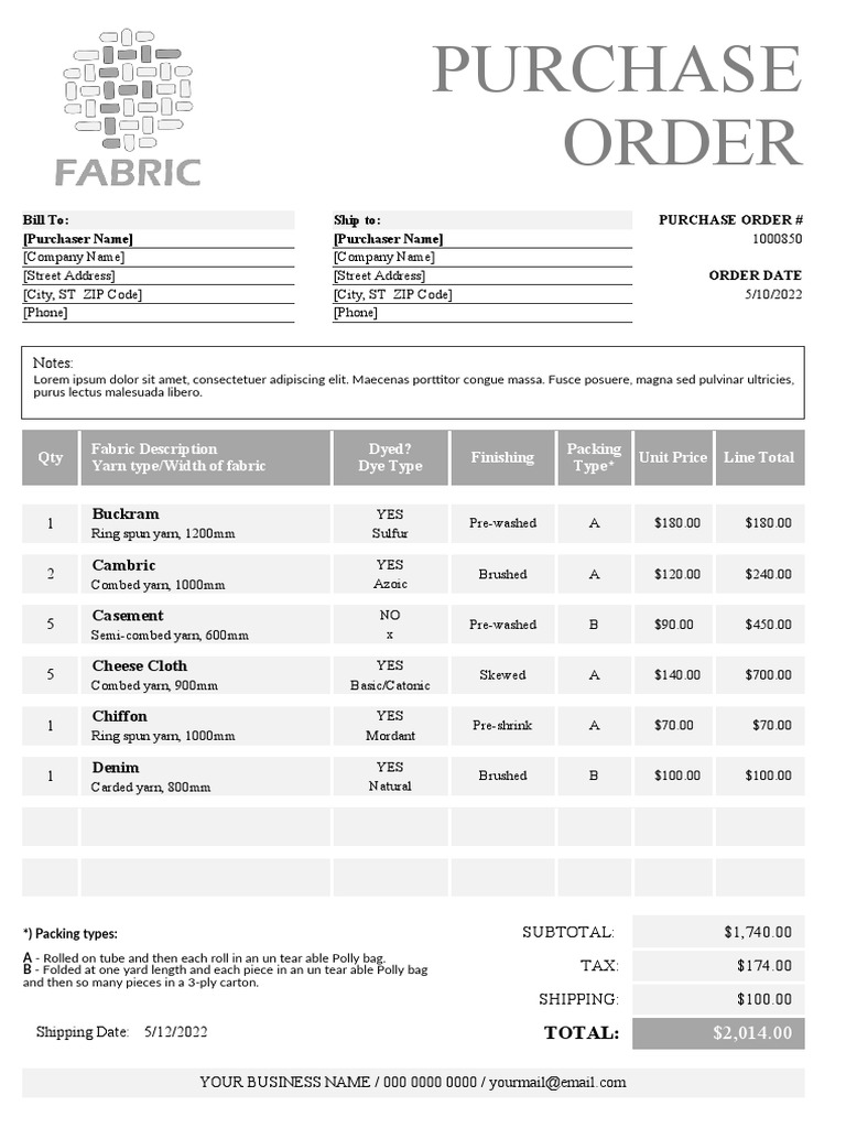 Fabric Purchase Order Template | PDF