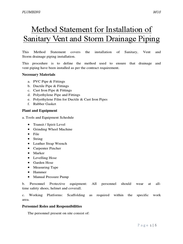 Method Statement For Installation of Sanitary Vent Storm Drainage Piping | PDF | Pipe (Fluid ...