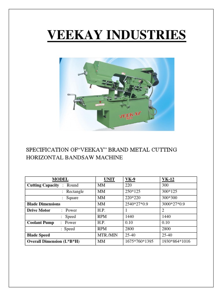 Specification Sheet for Veekay Industries' VK-9 and VK-12 Horizontal ...