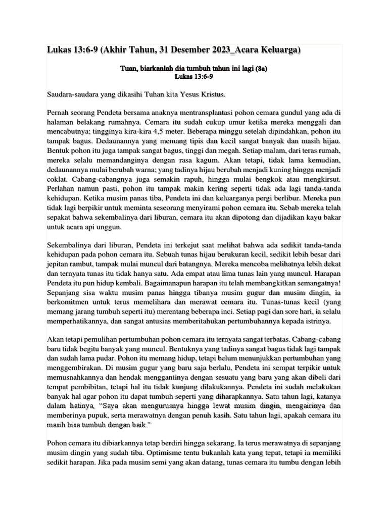 Lukas 13,6-9 - Renungan Malam Akhir Tahun - 31!12!2023 (Acara Keluarga) - Tanpa Gambar | PDF