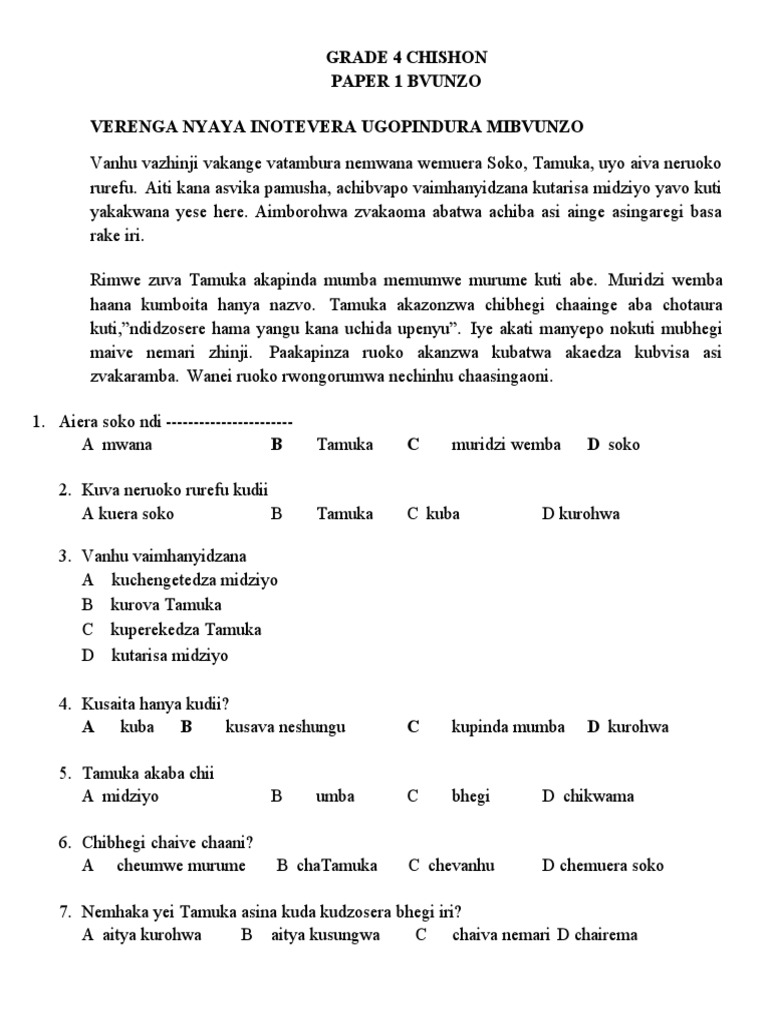 Grade 4 Chishona Paper 1 Pindura mibvunzo yose | PDF