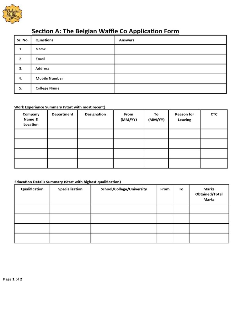 Belgian Waffle Co Application Guide | PDF