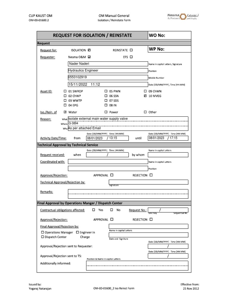 Isolation - Water Supply Form | PDF