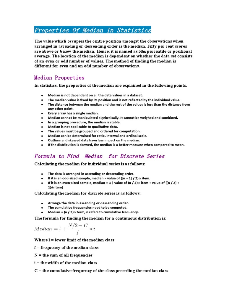 Properties Of Median In Statistics Pdf Median Mode Statistics