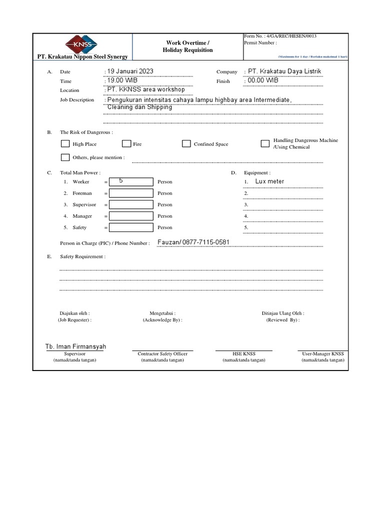 Request for Overtime and Holiday Work Permit for Lighting Intensity Measurement, Cleaning, and ...