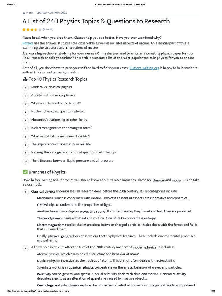 A List of 240 Physics Topics & Questions To Research | PDF | Physics ...
