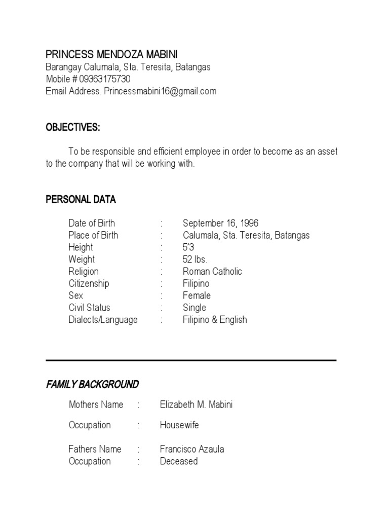 Princess Mendoza's Resume - Batangas | PDF