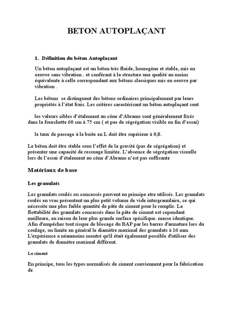 Béton Autoplaçant : Définition et Caractéristiques | PDF | Béton | Ciment
