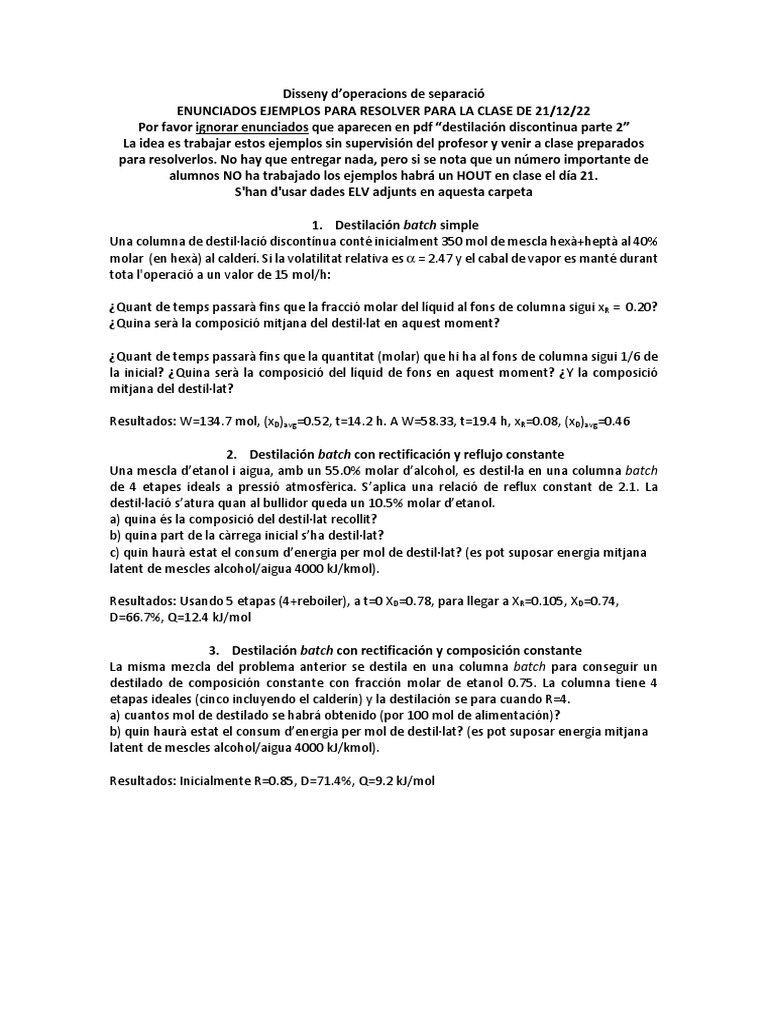 Enunicados Destilacion Batch Bis | PDF