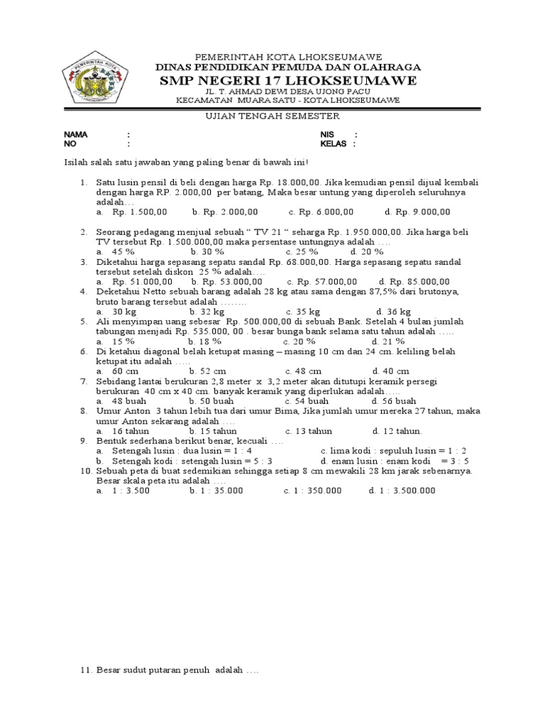 Uts Kls Vii Semester Genap 2020 | PDF