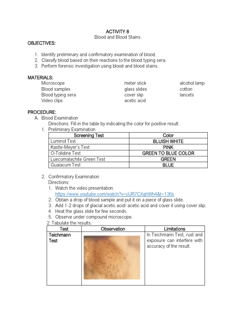 ACTIVITY 8 Blood and Blood Stains | PDF | Blood Type | Medical Specialties