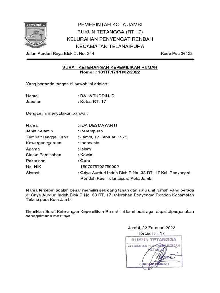 Surat Keterangan Kepemilikan Rumah | PDF
