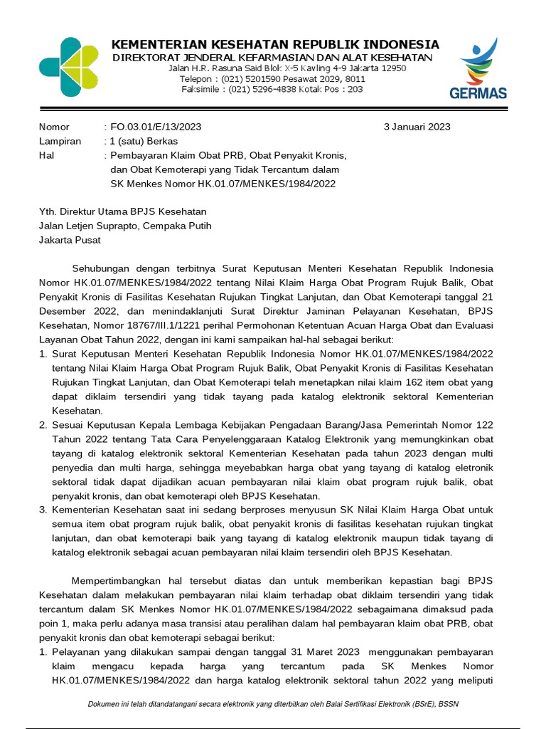 Surat Pembayaran Klaim Obat PRB, Penyakit Kronis Dan Kemoterapi Beserta Lampiran | PDF