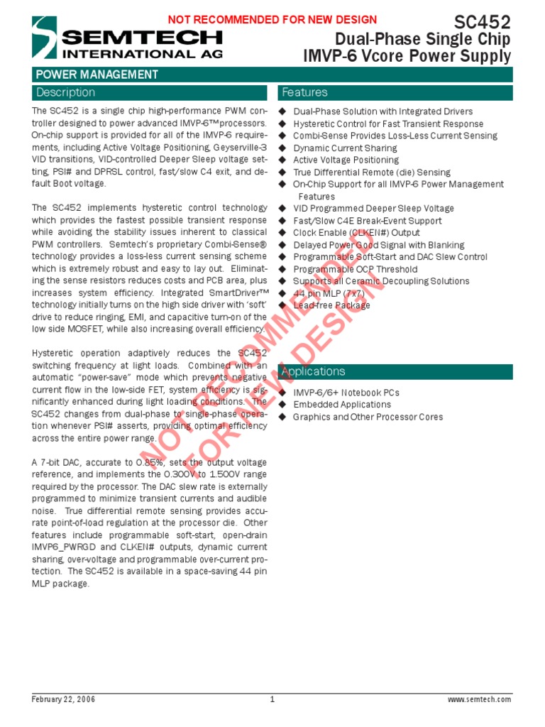SC452 Dual Phase Single Chip IMVP 6 Vcor | PDF | Integrated Circuit | Computer Engineering