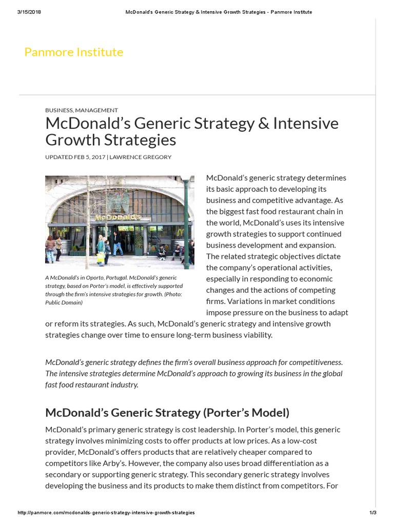McDonald's Generic Strategy & Intensive Growth Strategies - Panmore ...