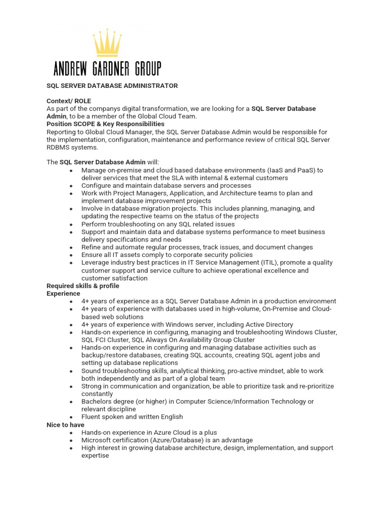 Sql Server Database Admin Pdf Databases Cloud Computing