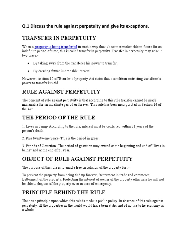Transfer in Perpetuity: Q.1 Discuss The Rule Against Perpetuity and ...