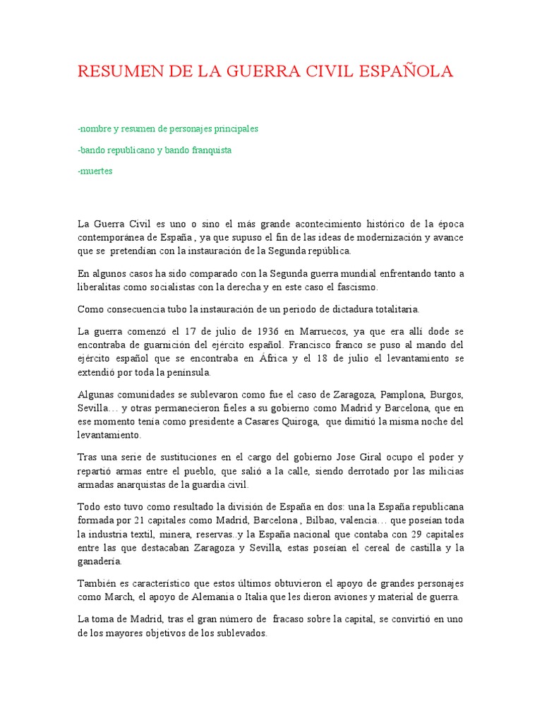 Resumen de la Guerra Civil Española | PDF | guerra civil Española ...