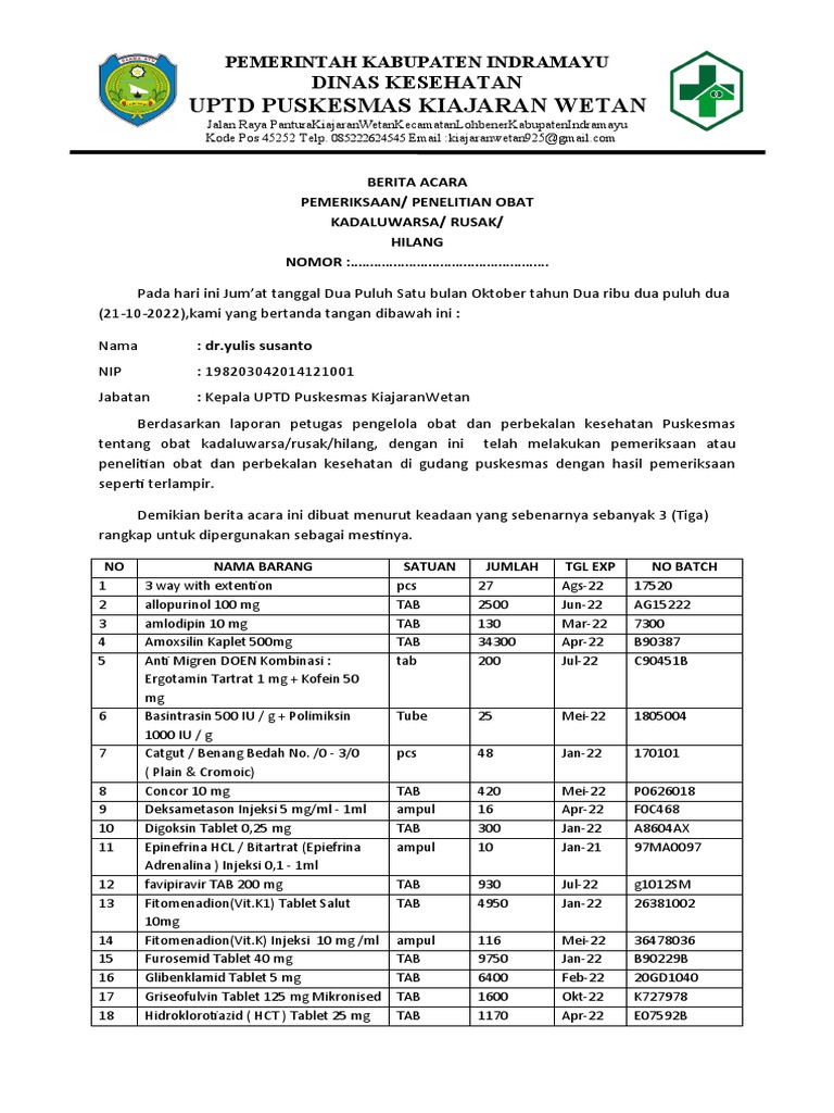 Berita Acara Obat Expired Date Oktober 2022 | PDF