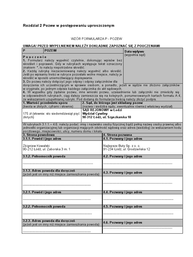 Pozew W Postępowaniu Uproszczonym | PDF