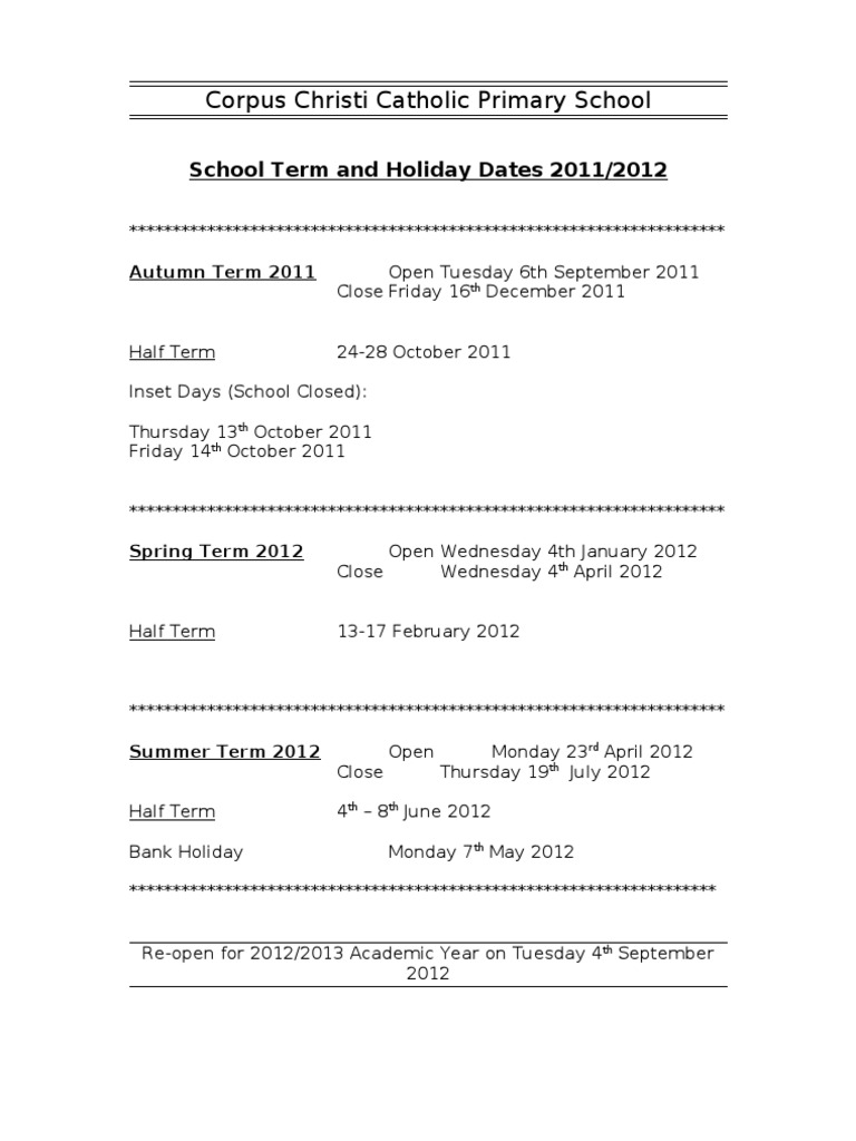 Corpus Christi School Term Dates 2011-2012 | PDF