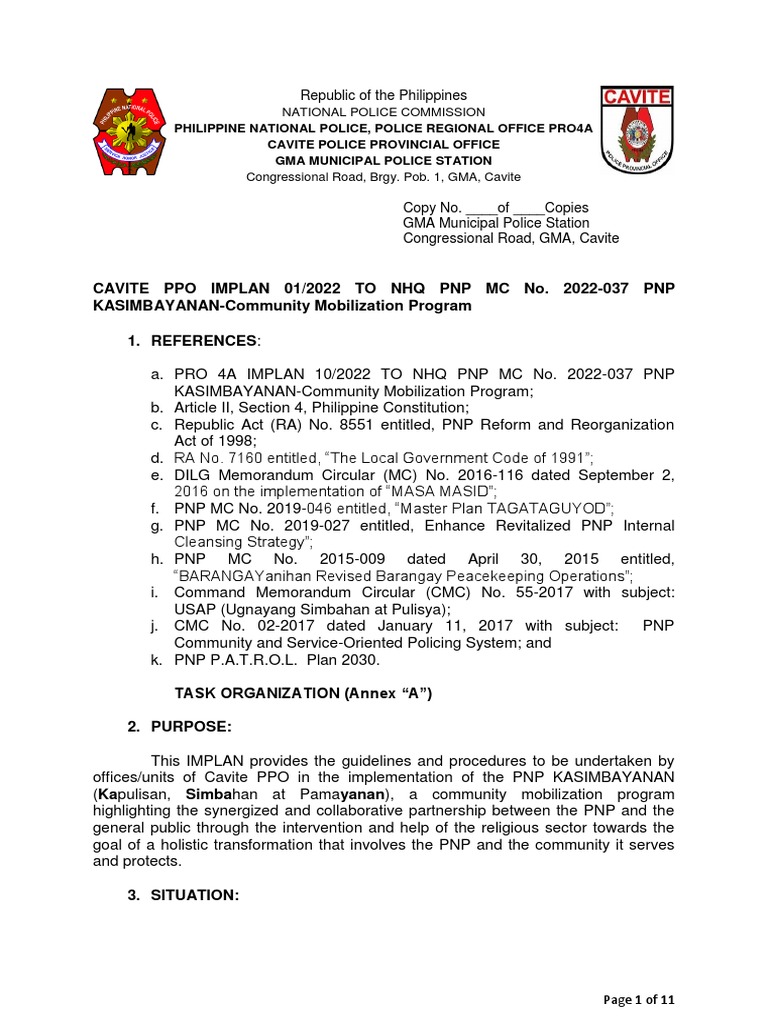 Gmamps-Implan-Pnp-Kasimbayanan Program | PDF | Community | Police