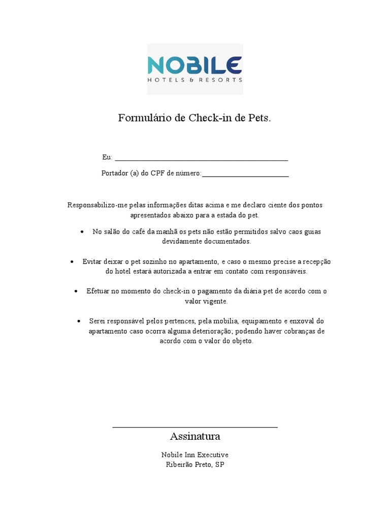 Formulário de Check-In de Pets | PDF