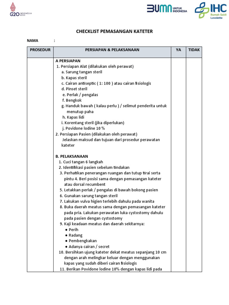 Checklist Pemasangan Kateter | PDF